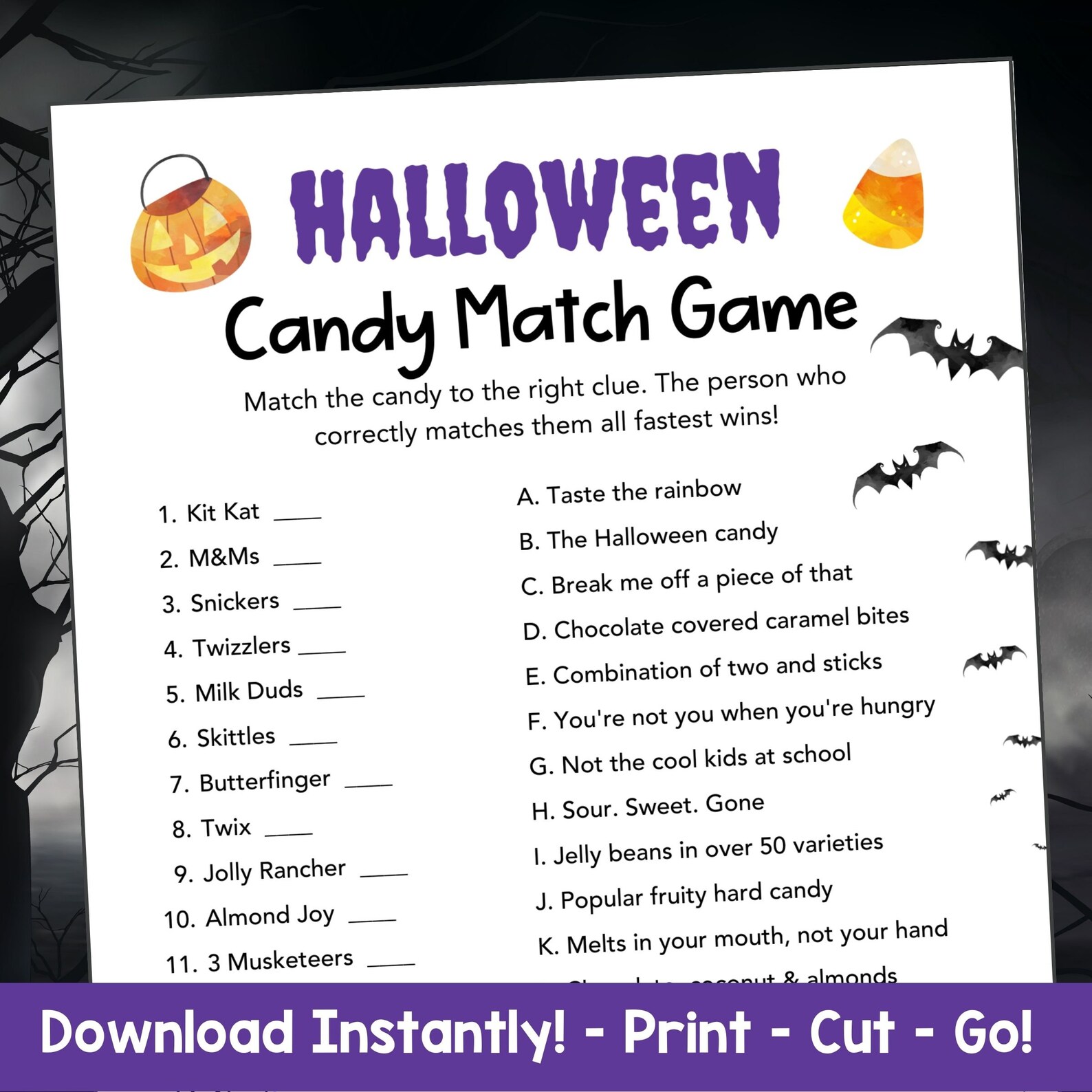 Halloween Candy Matching Game, Halloween Game Printable, Easy Halloween ...