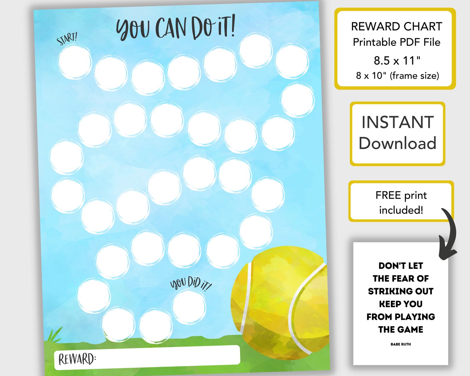 Tennis Reward Chart for Kids Behavior Chart Printable Chore - Etsy