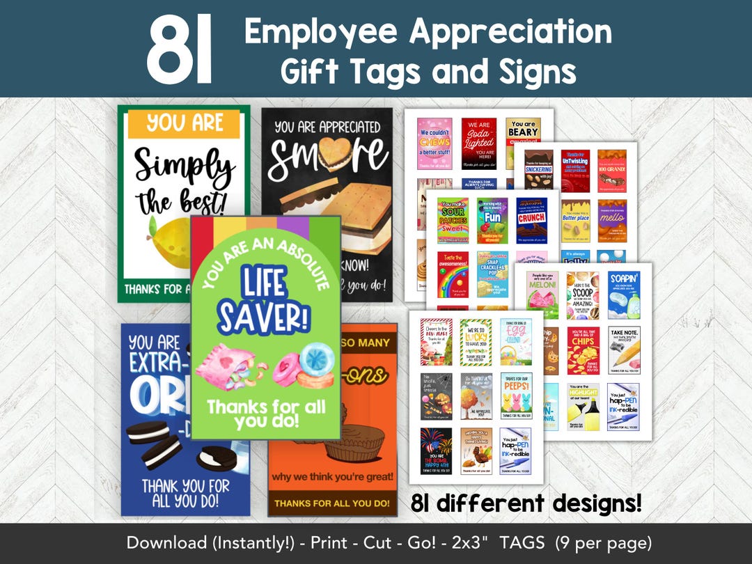 Printable Employee Appreciation Gift Tags Bundle, Easy Bulk Gift Idea ...