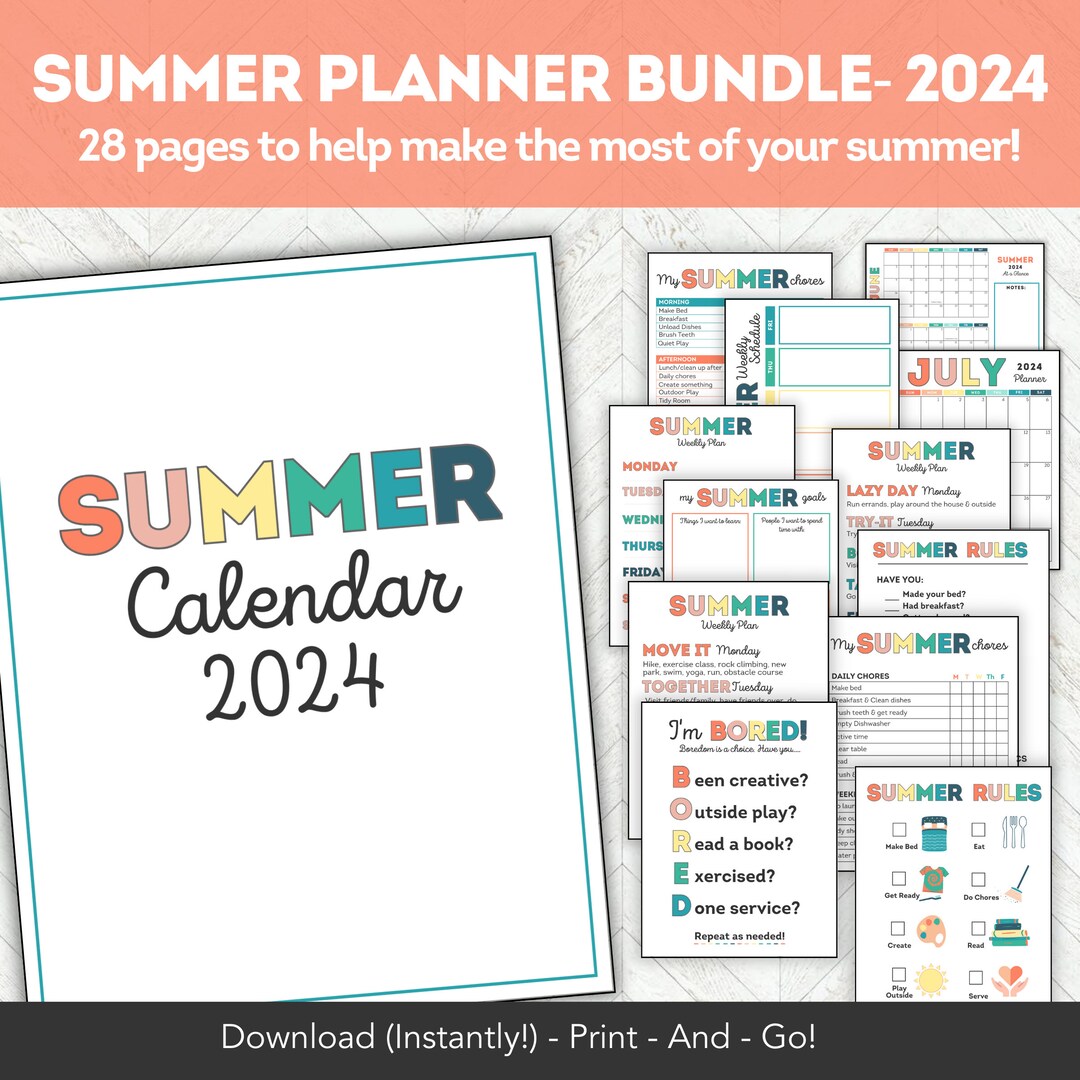 2024 Summer Calendar, Summer Planner Bundle, Kids Chore Chart, Summer ...