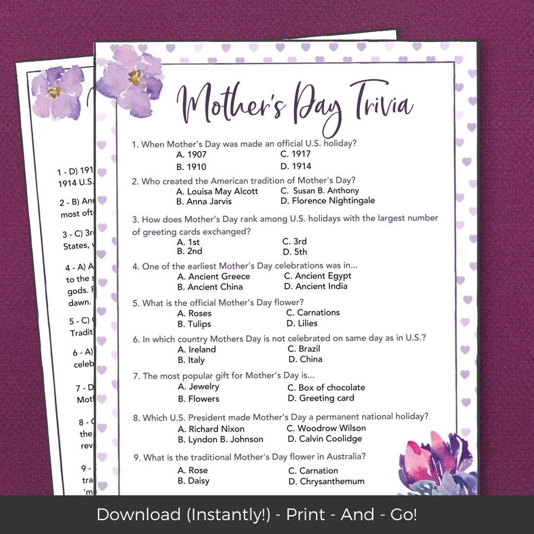 Mothers Day Game Printable, Mothers Day Trivia Games, Mothers Day ...