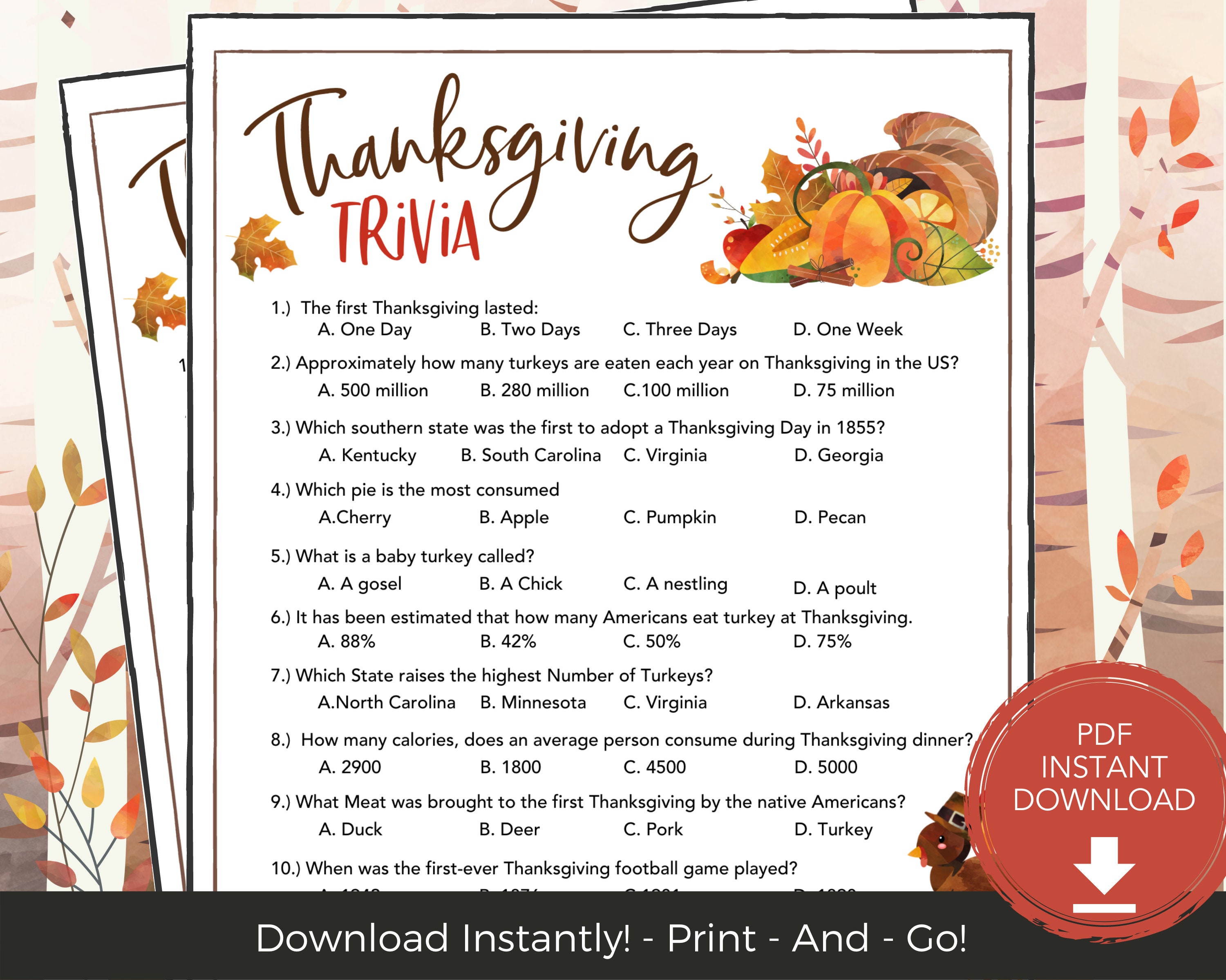 Trivia Printable Thanksgiving Game for Kids Adults - Etsy