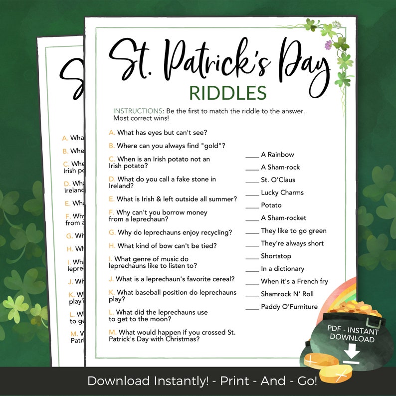 St Patricks Day Riddles, St Patricks Day Game for Kids Class Family or ...