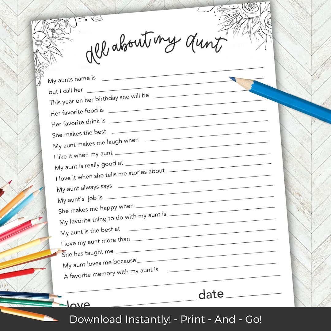 All About My Aunt Printable Questions Template, Mom Mothers Day ...