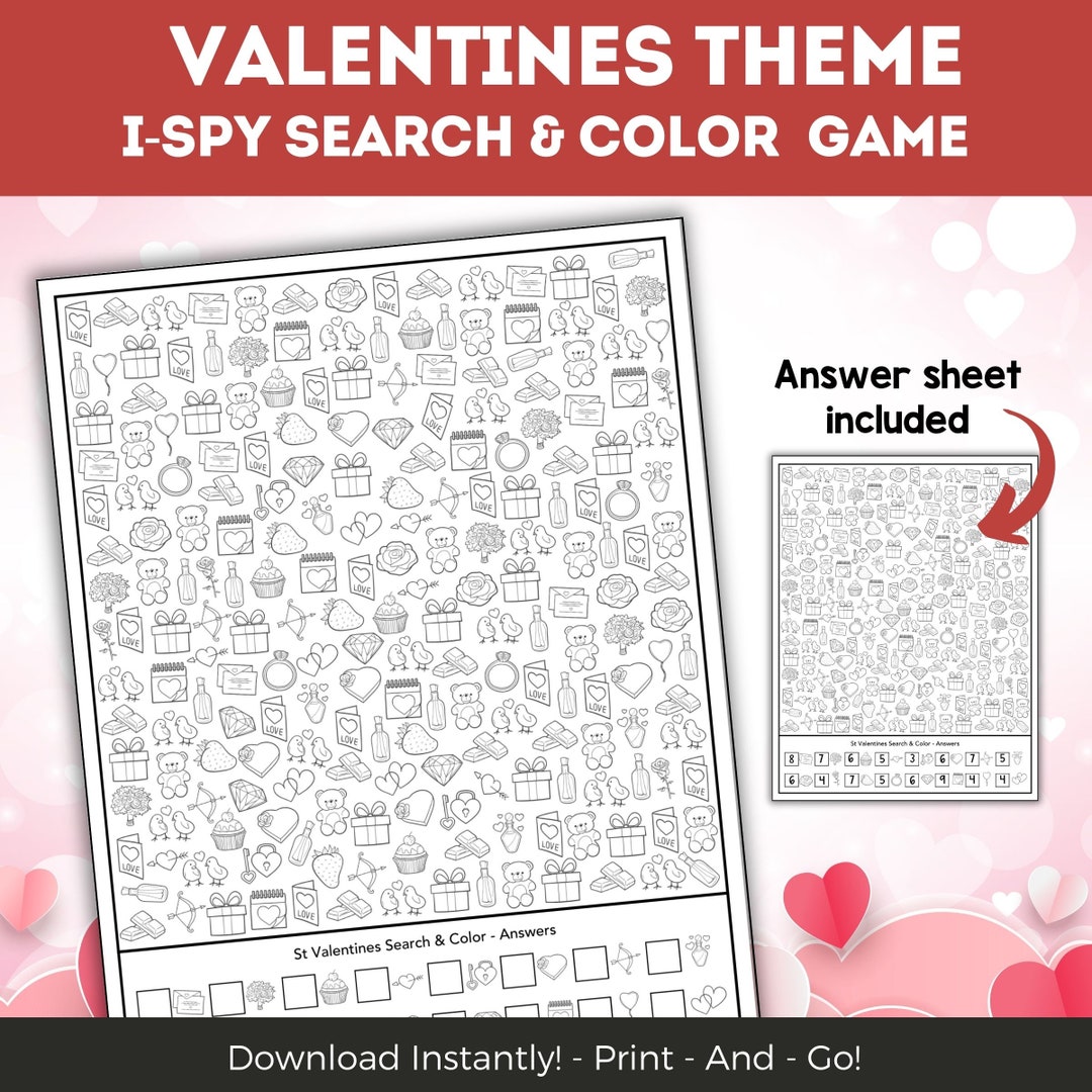 Valentines Day I Spy Kids Activity, I Spy Coloring Page Worksheet ...