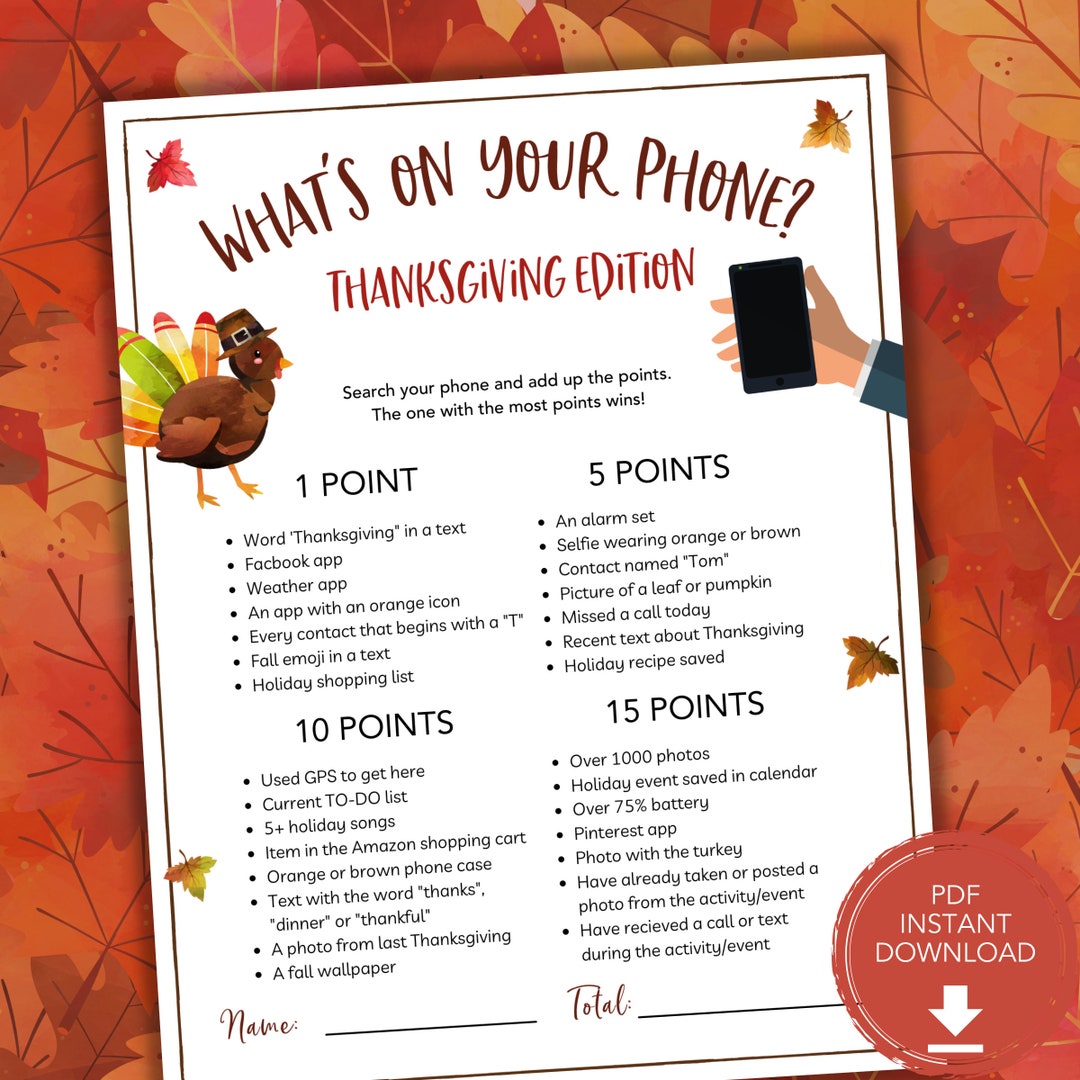 Whats on Your Phone Thanksgiving Game for Kids and Adult Parties ...