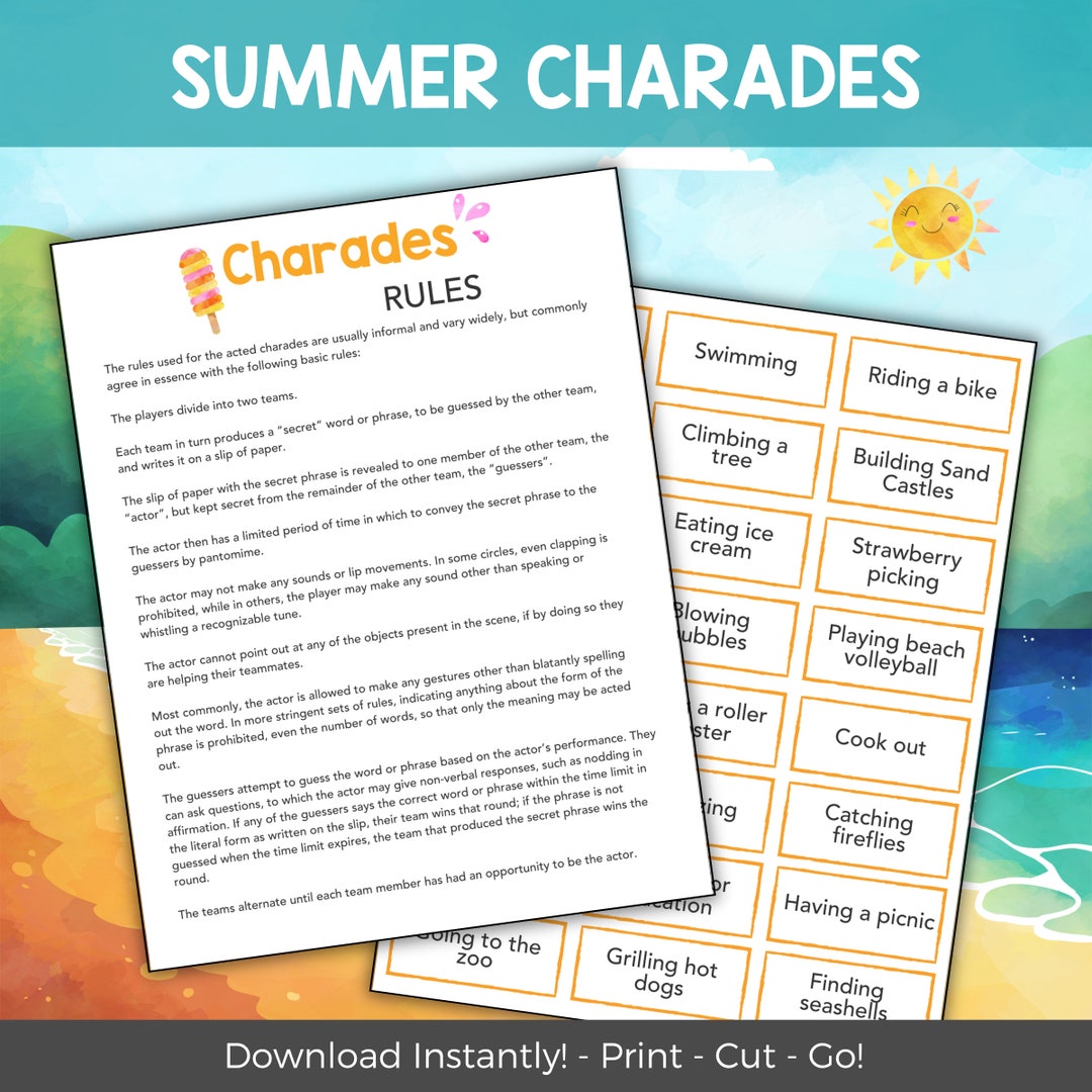 Charades Printable Game for Kids, Family Games for Outdoor and Indoor ...