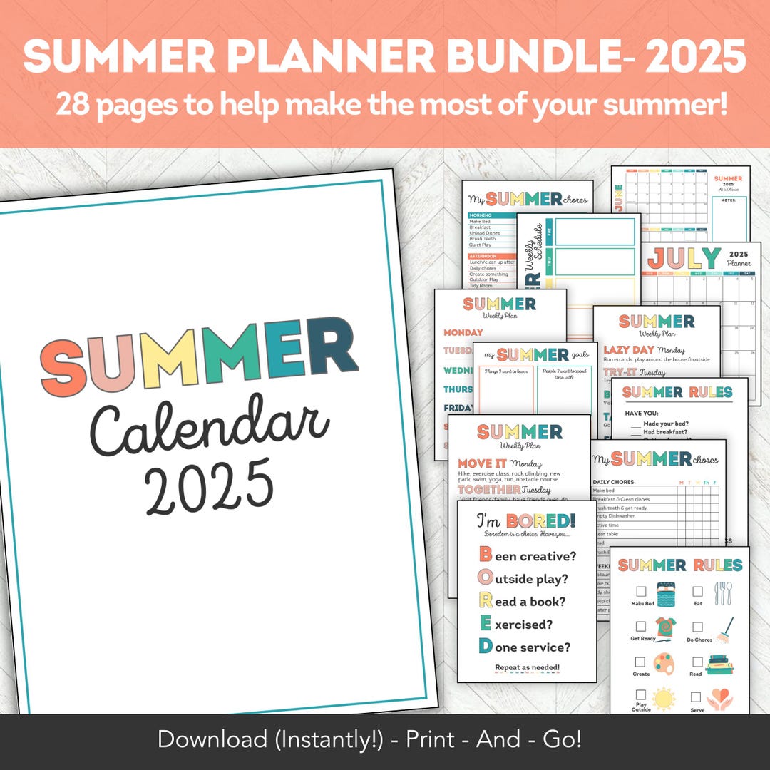 2025 Summer Calendar, Summer Planner Bundle, Kids Chore Chart, Summer ...