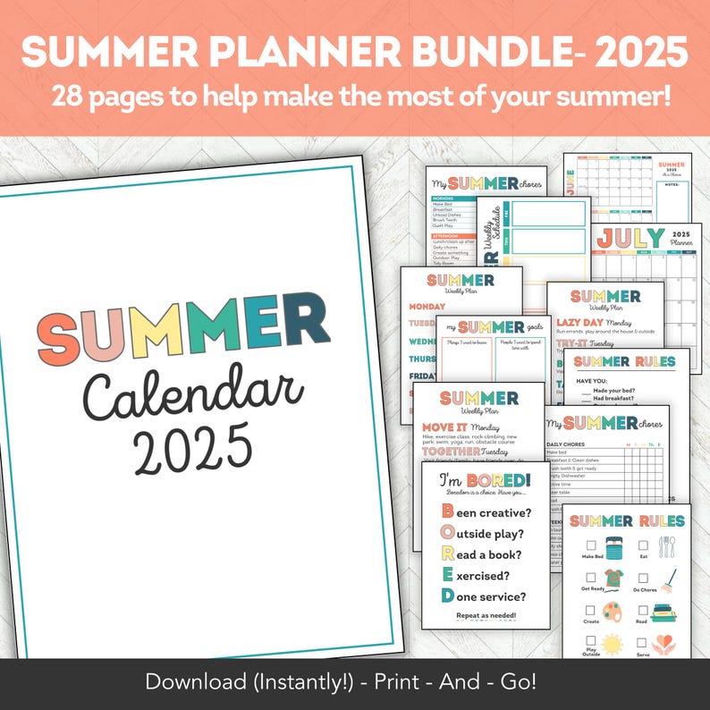 2025 Summer Calendar, Summer Planner Bundle, Kids Chore Chart, Summer ...