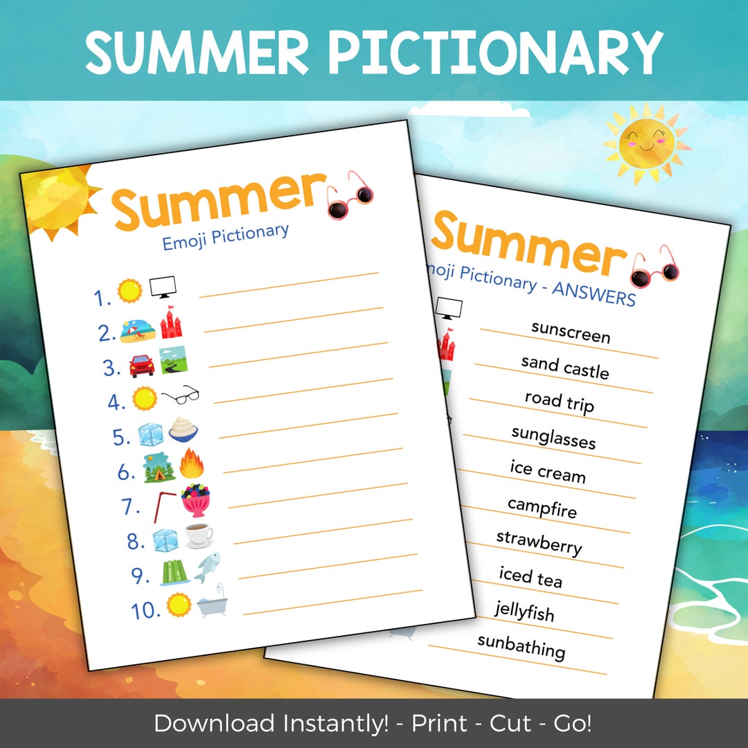 Summer Emoji Pictionary Game, Printable Games for Kids, Fun Emoji Game ...