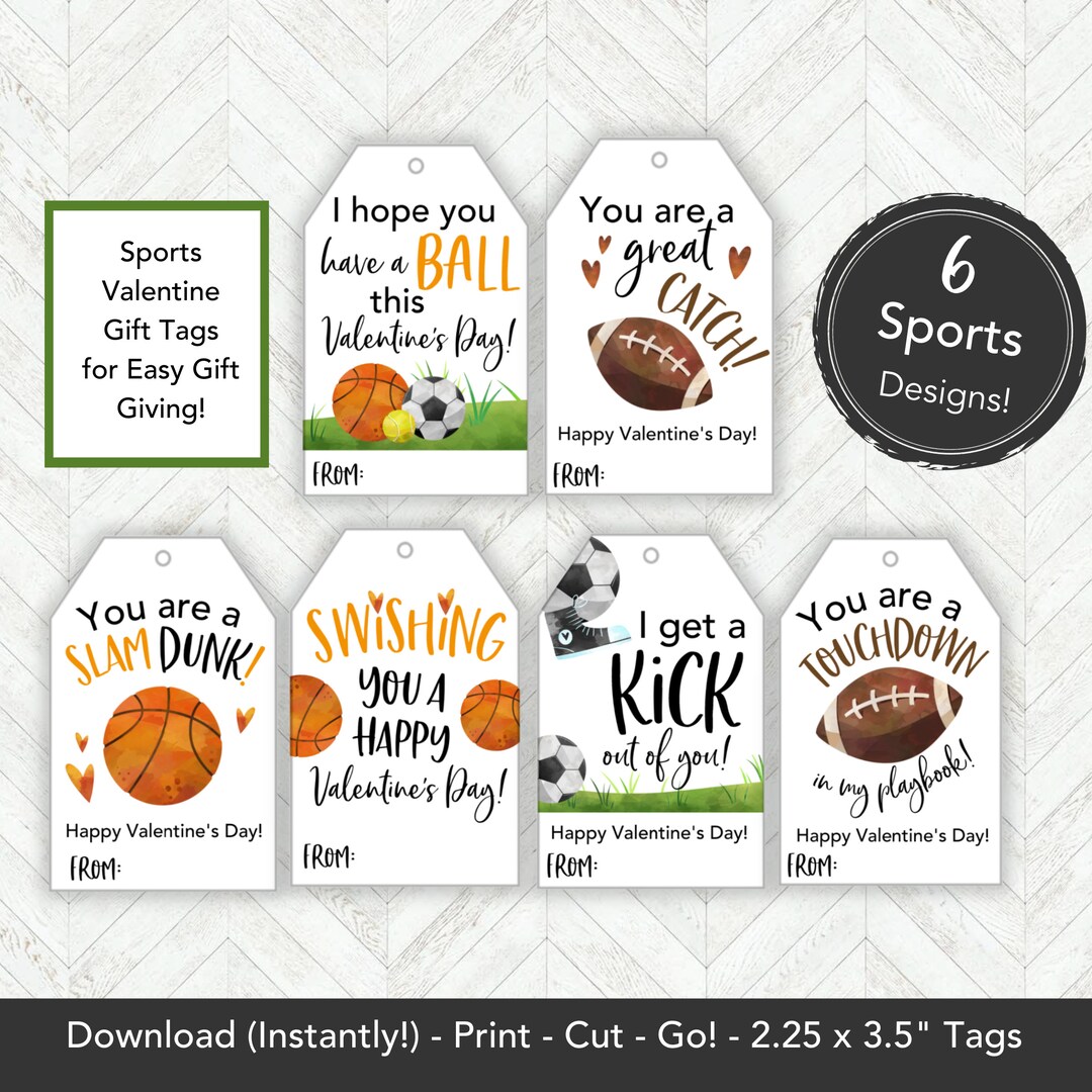 Sports Valentine Gift Tag, Printable Classroom Valentine Card for Kids ...