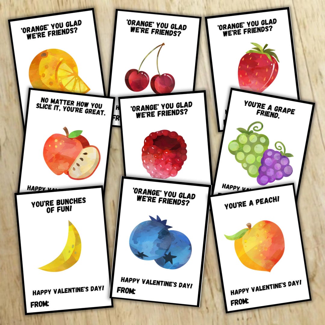Fruit Printable Valentine Cards for Kids, Classroom Valentines Gift for ...