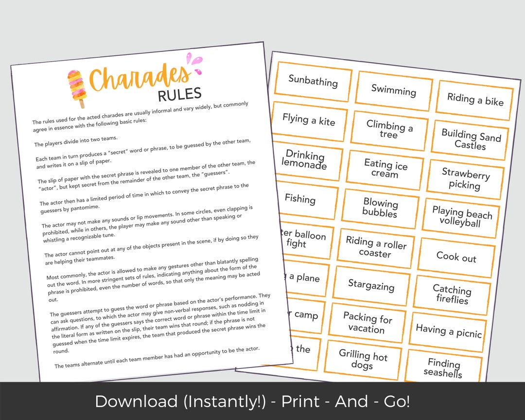 Charades Printable Game for Kids, Family Games for Outdoor and Indoor ...