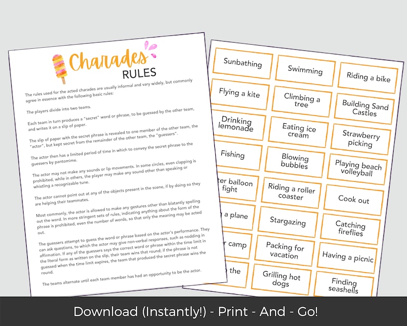 Charades Printable Game for Kids Family Games for Outdoor and - Etsy