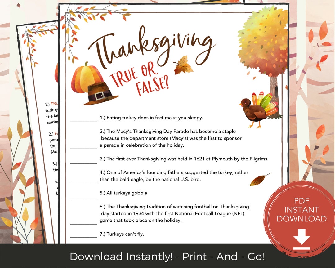 True or False Thanksgiving Game for Kids Adults Thanksgiving - Etsy