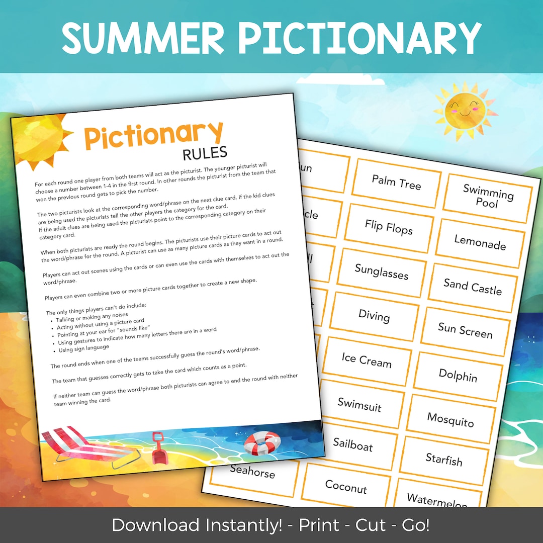 Summer Pictionary, Printable Games for Kids, Fun Summer Activities ...
