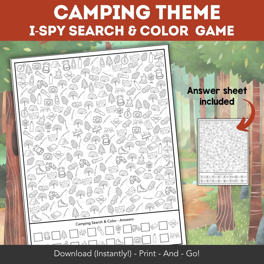 Camping I Spy Kids Activity, I Spy Coloring Page Worksheet Activity ...