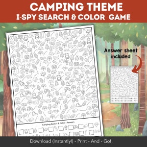 Camping I Spy Kids Activity, I Spy Coloring Page Worksheet Activity ...