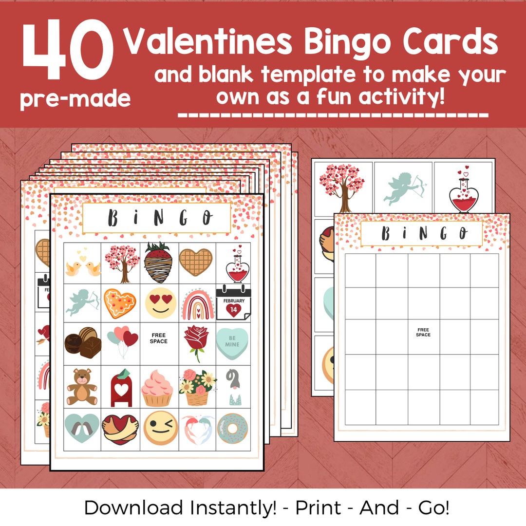 Valentines Bingo 40 Cards, Valentines Game Printable, Kids Valentine ...