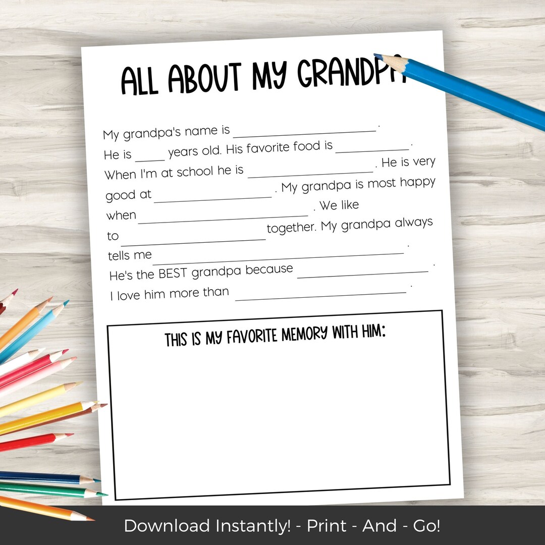 All About My Grandpa Interview Questions, Fathers Day Card Printable ...