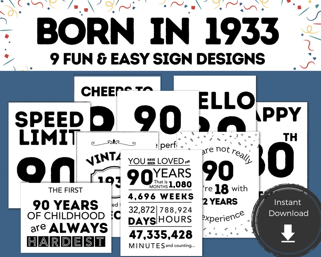 Printable 90th Birthday Sign, Born in 1934 Birthday Poster, 90th ...