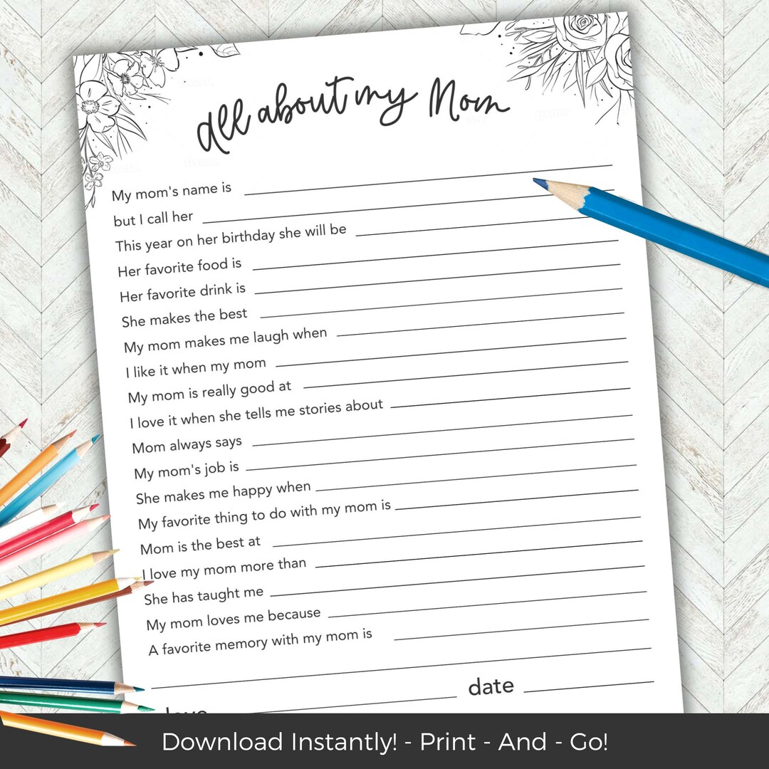 All About My Mom Printable Questions Template, Mom Mothers Day ...