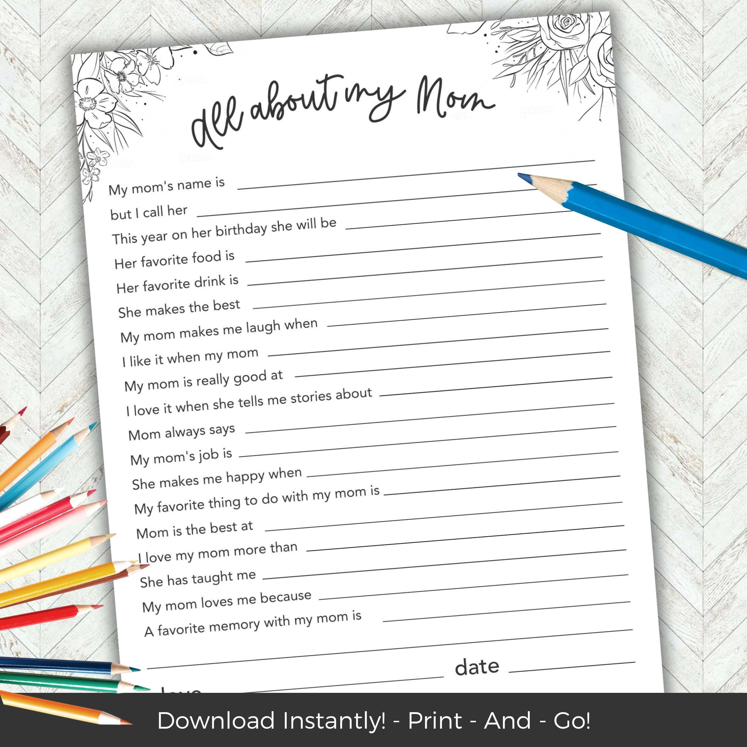 All About My Mom Printable Questions Template, Mom Mothers Day ...