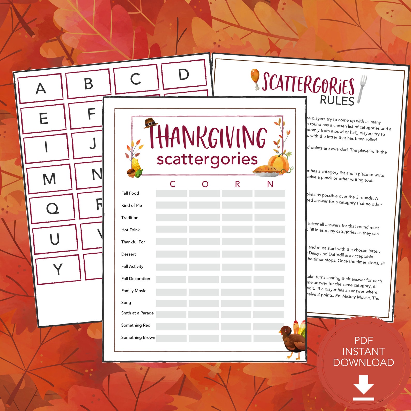 Scattergories Thanksgiving Game for Kids and Adult Parties Instant ...