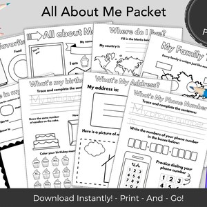 Life Skills Worksheets All About Me Template Kindergarten | Etsy