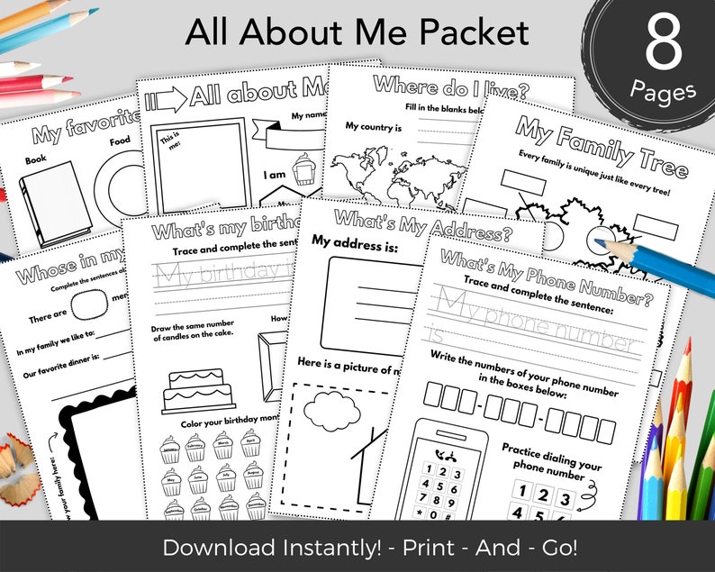Life Skills Worksheets All About Me Template Kindergarten | Etsy