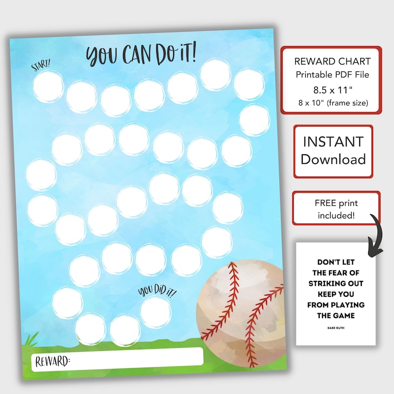 Baseball Reward Chart for Kids Behavior Chart Printable, Chore Chart ...