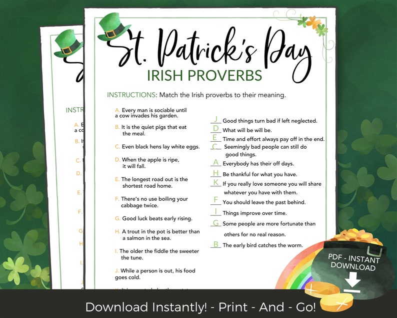 St Patricks Day Game Irish Proverbs St Paddys Day Printable | Etsy