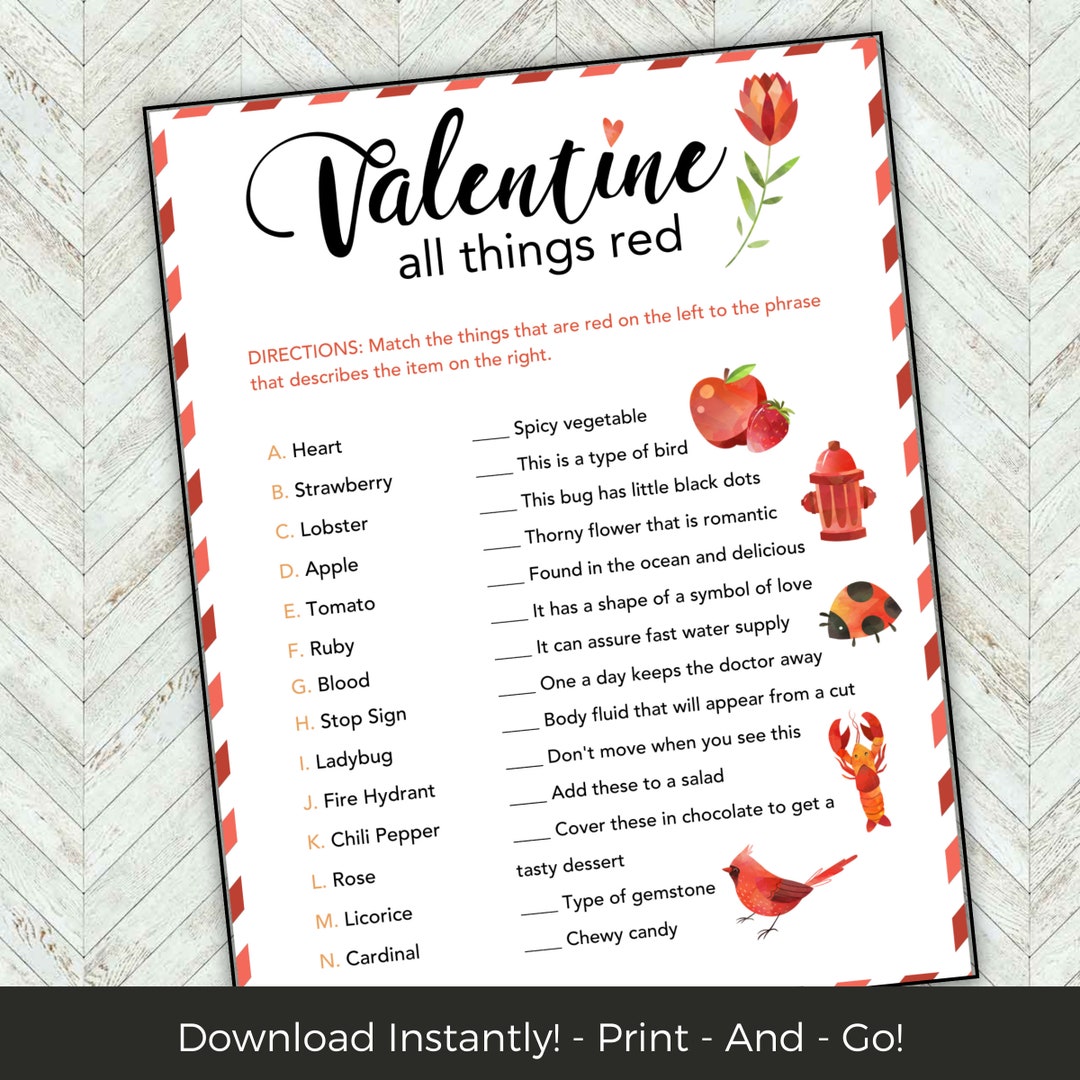 Red Matching Game, Valentines Trivia Game Printable, Valentines Day ...