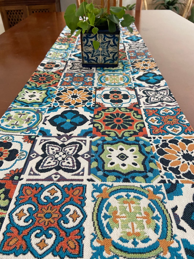 BOHO TILES TABLE Runner / Woven Tapestry Upholstery Fabric / - Etsy ...