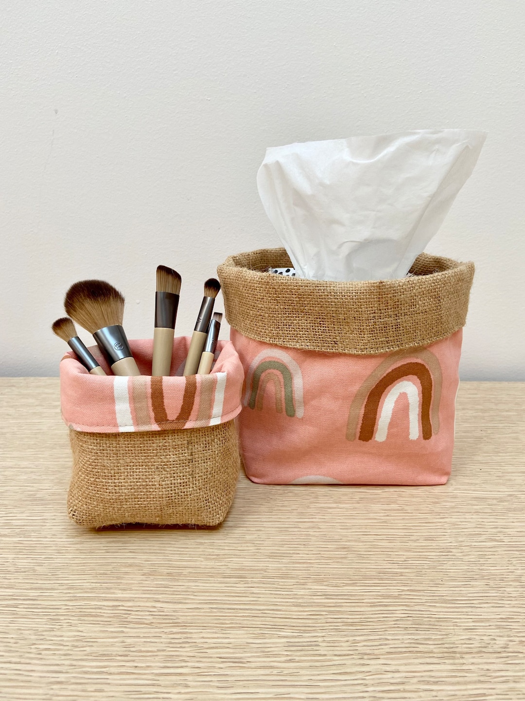 Hessian Fabric Basket: Boho Rainbow Arches, Reversible Storage Bag - Etsy
