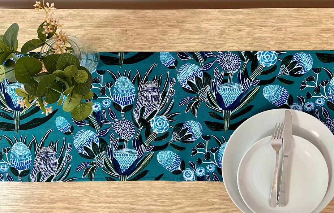 AUSTRALIAN GARDEN PROTEA Aqua Table Runner / Vibrant Flora / Bohemian ...