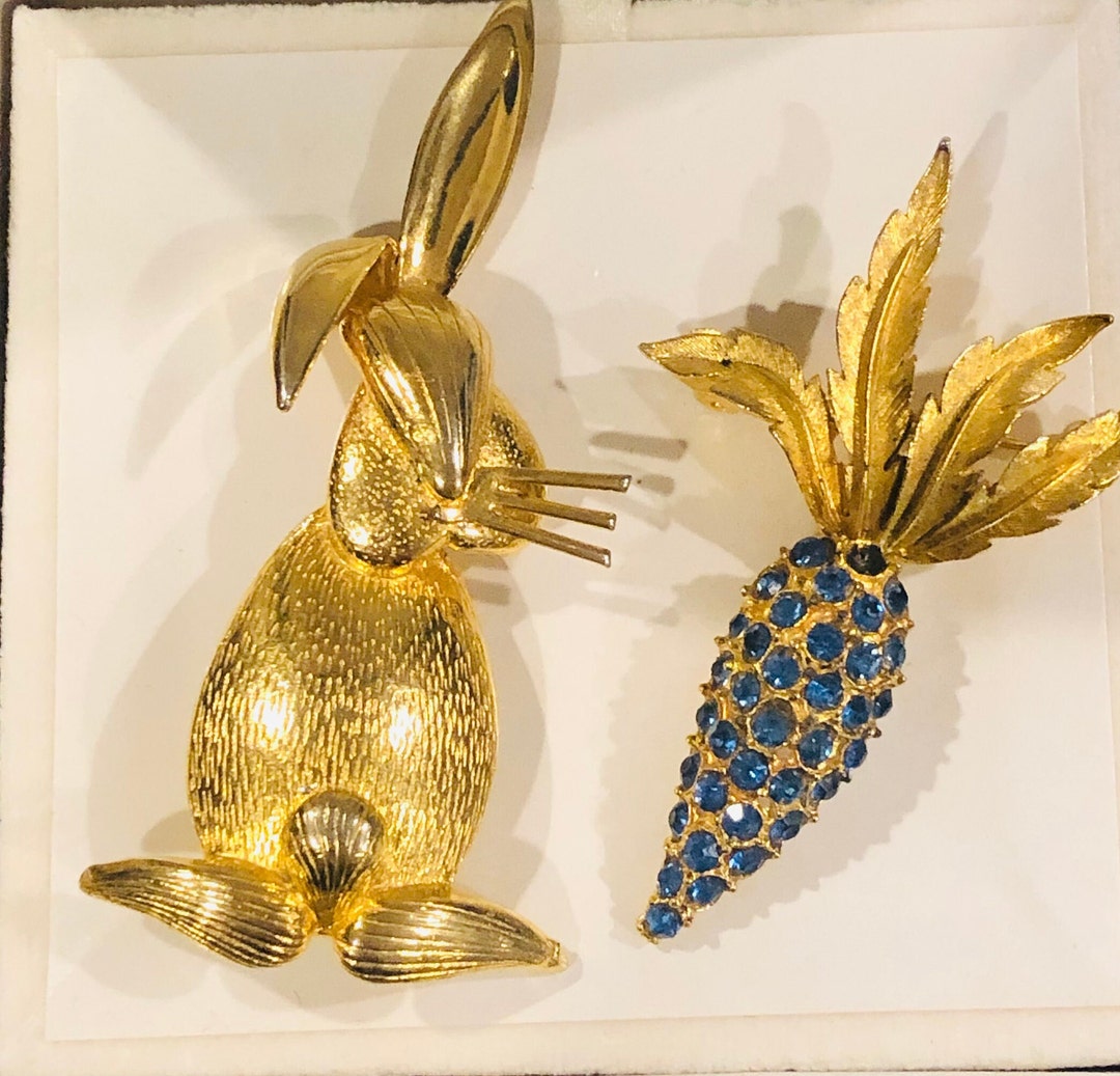 Vintage Easter Bunny and Carrot Pin Brooch Gold Blue Rabbit - Etsy
