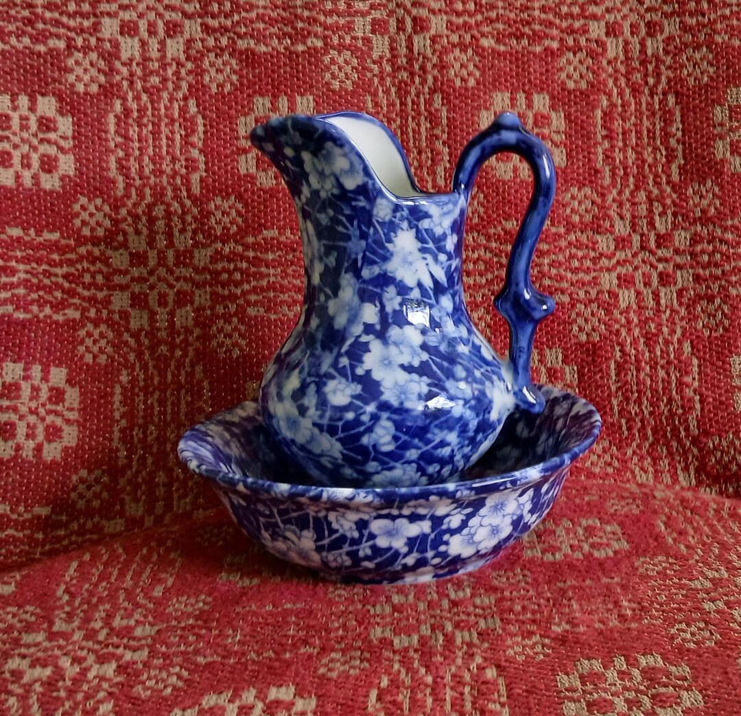 Vintage Victoria Ware Blue Floral Pitcher and Bowl - Etsy