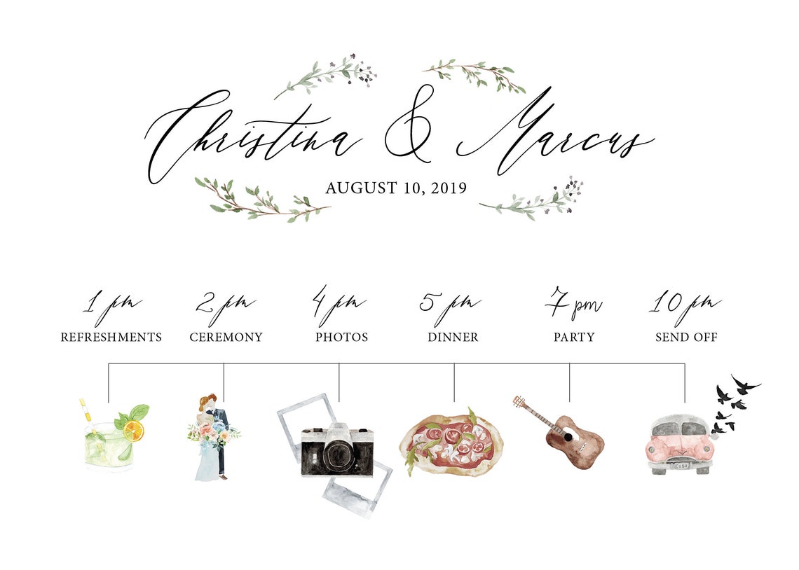 Personalized Watercolor Wedding Timeline, Custom Event Timeline ...