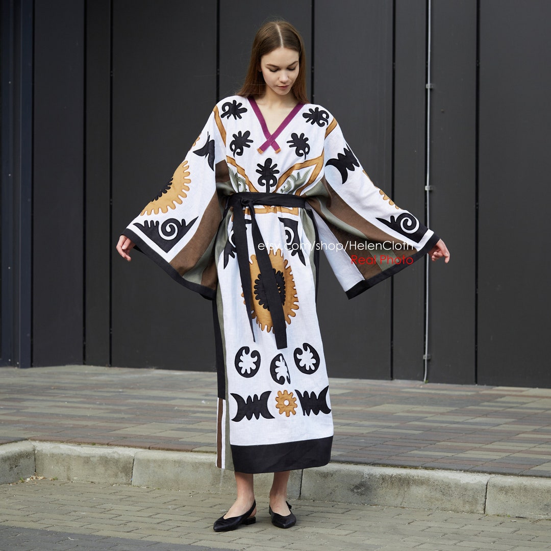 Oversized Linen Kimono Embroidered Kilim Dress. Ukrainian Vyshyvanka - Etsy