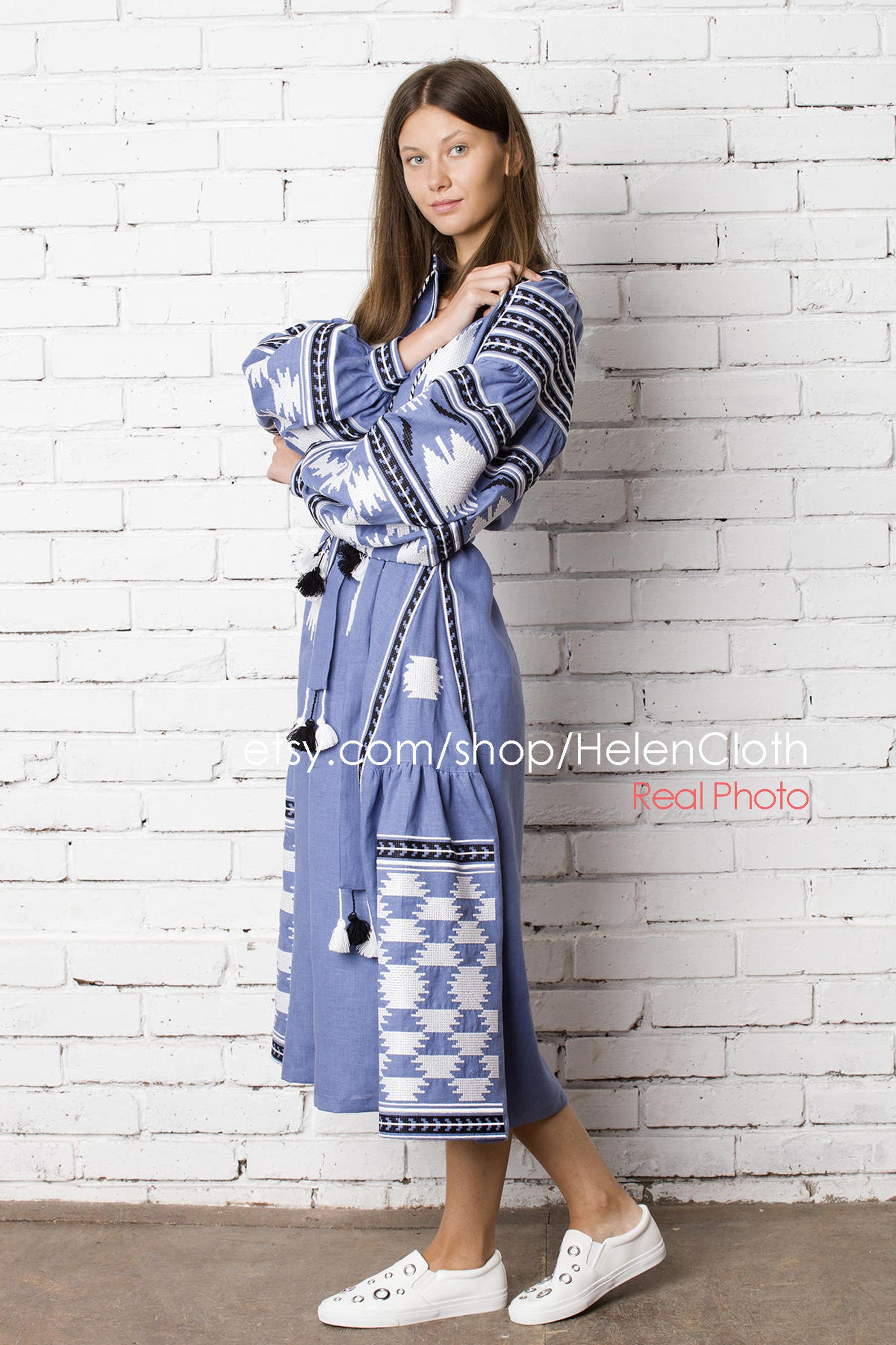 Blue Linen Embroidered Vyshyvanka Dress Ukrainian Birds Dress | Etsy