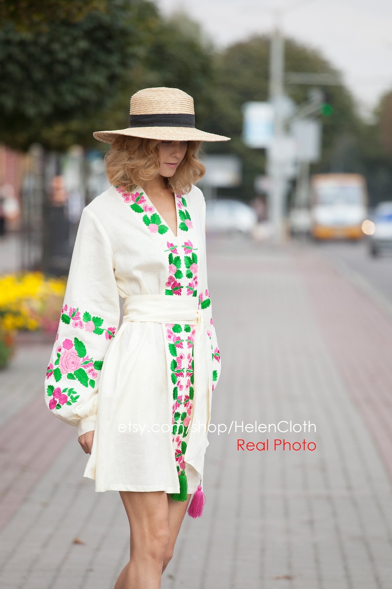 Roses Floral Embroidered Dress in Bohemian Style Linen Mid Calf Tunic ...