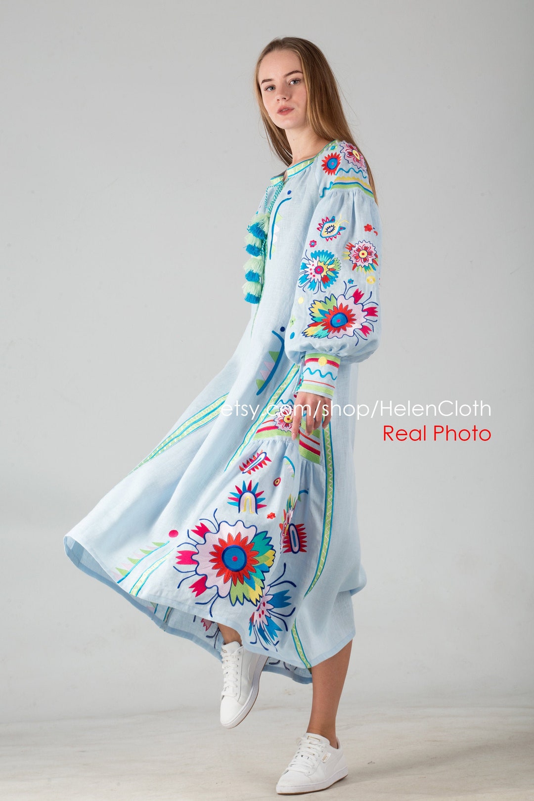 Floral Embroidered Women's Dress, Boho Kaftan, Ankle Length Dress ...