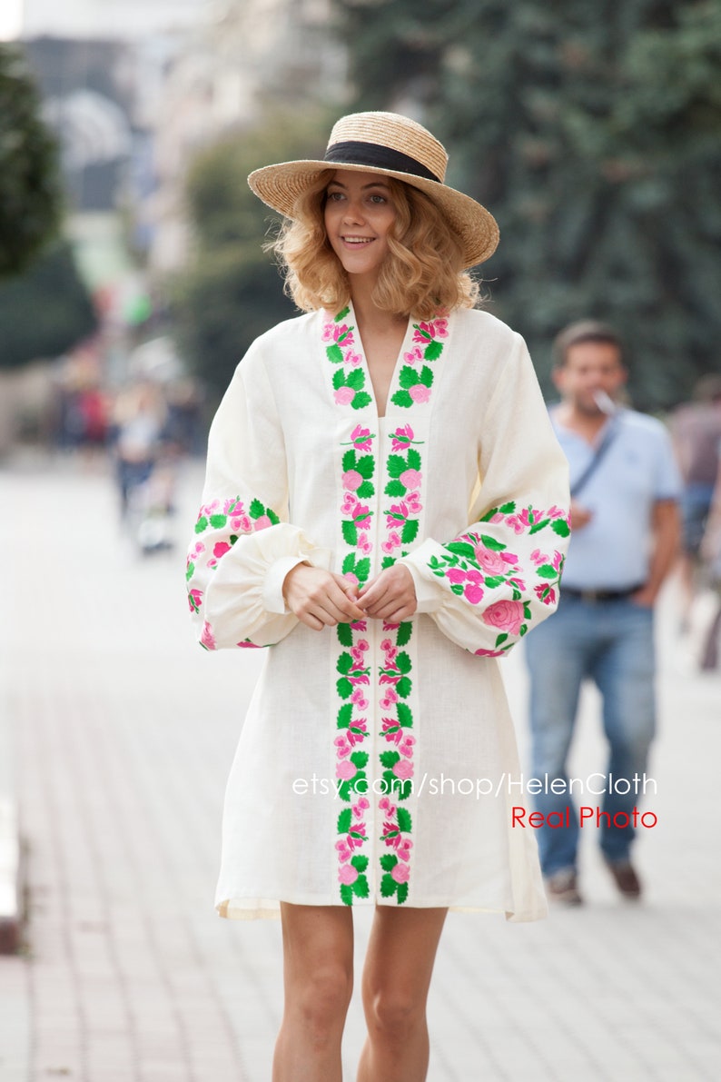Roses Floral Embroidered Dress in Bohemian Style Linen Mid Calf Tunic ...