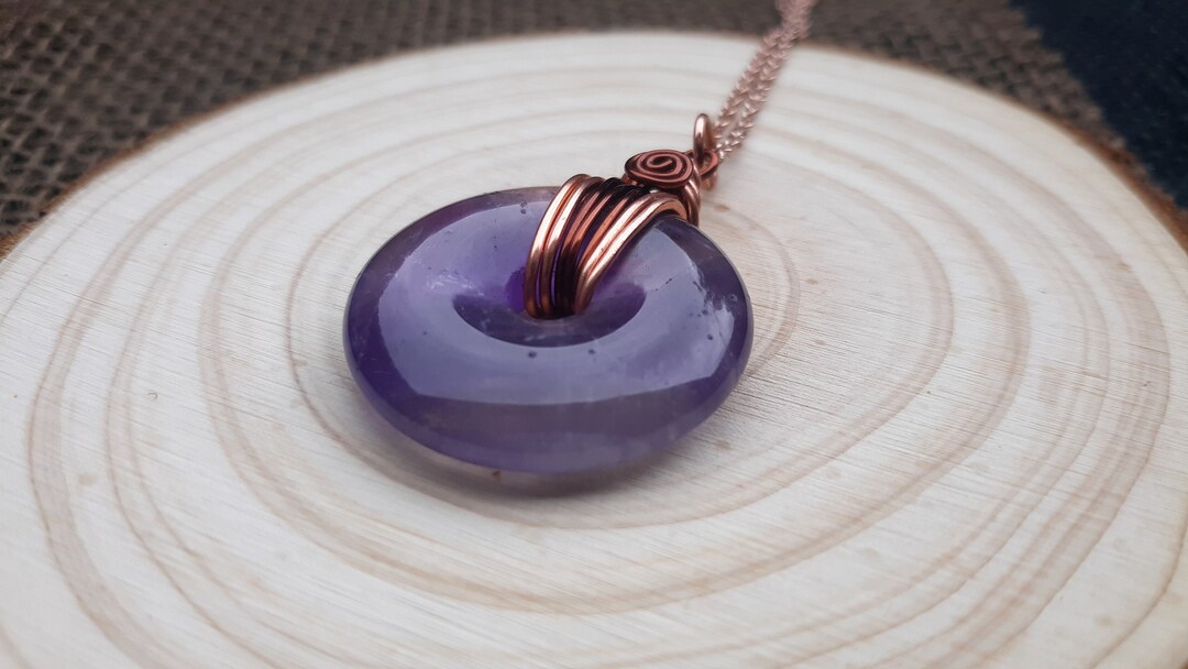 Dual-tone Copper Amethyst Pi-stone Necklace, Wire-wrapped Donut Crystal ...