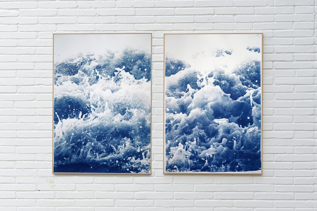 Blue Wave Cyanotype Print Diptych, Tidal Storm Art, Handmade Watercolor ...