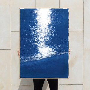 2021, Nautical Cyanotype of Dark Beach Sunrise, Blue and White Seascape ...