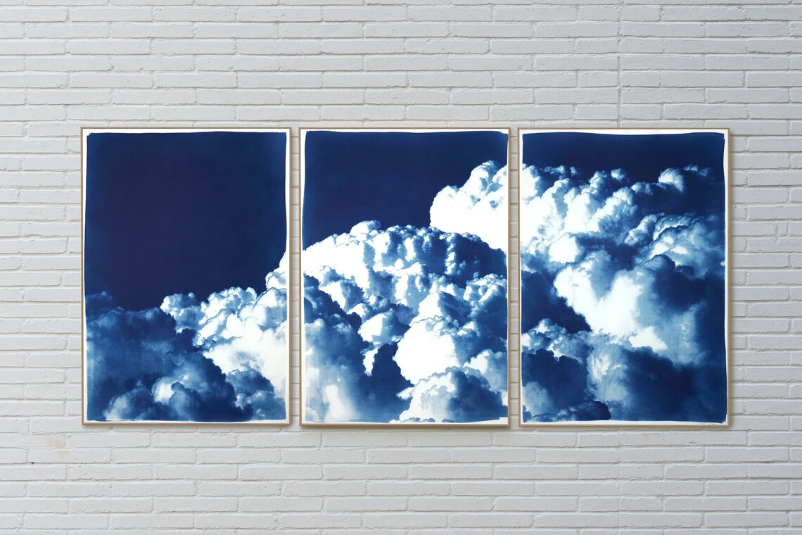 Extra Large Cyanotype Triptych of Gorgeous Dense Clouds - Etsy