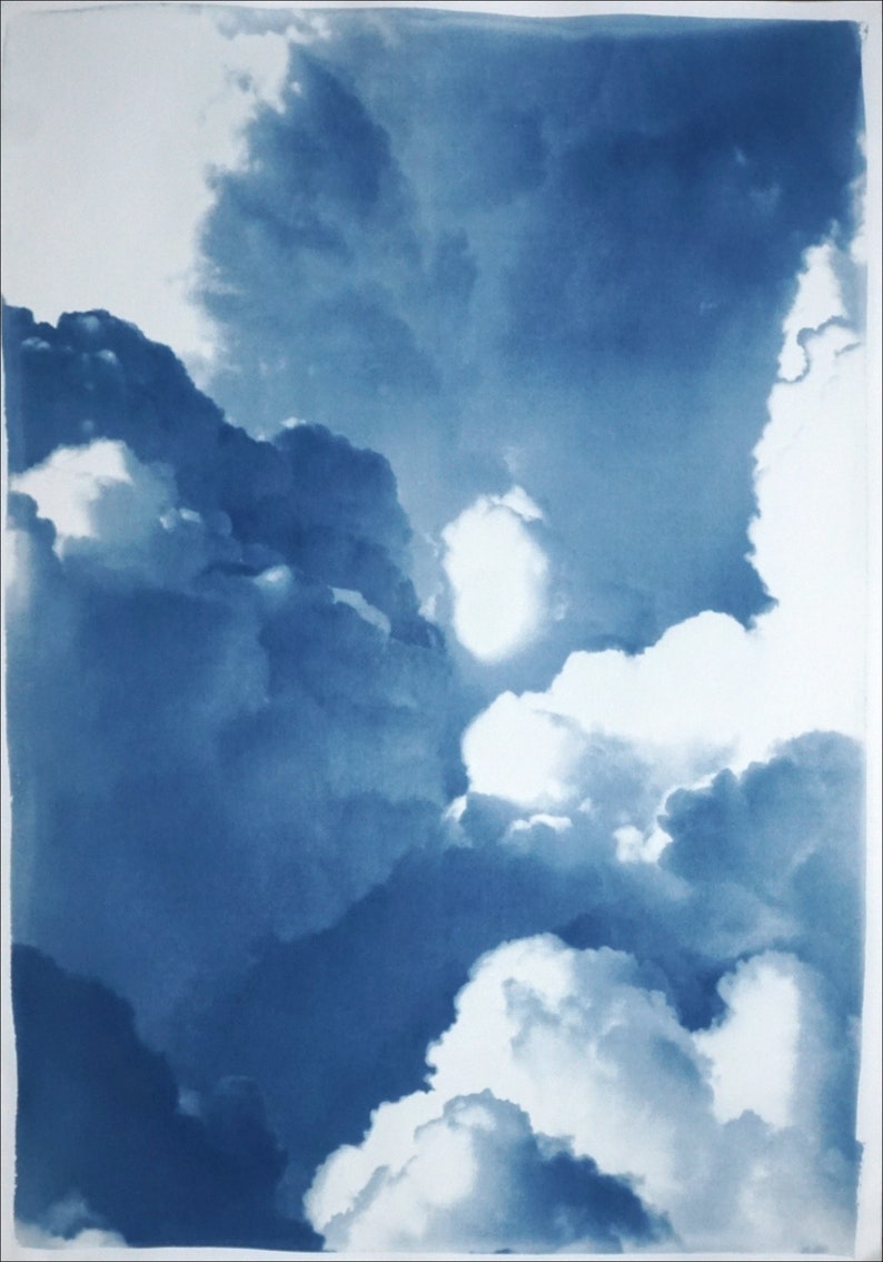 Blue Clouds Cyanotype Triptych, Large Watercolor Paper Print, Limited ...