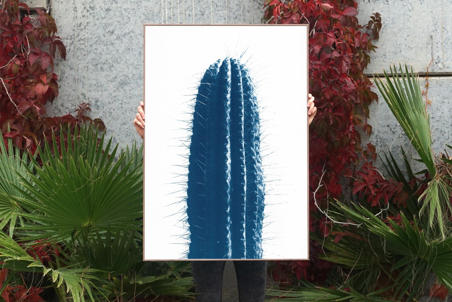 Blue Upright Desert Cactus, Cold Tones Plant, Botanic Cyanotype Print ...